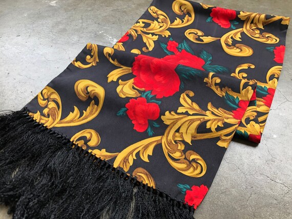 90s Black Silk Twill Long Neck Scarf Shawl 1990s Vint… - Gem