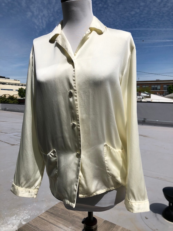 Ivory Pale Yellow Cream Silk Satin Pajama Set Blouse … - Gem