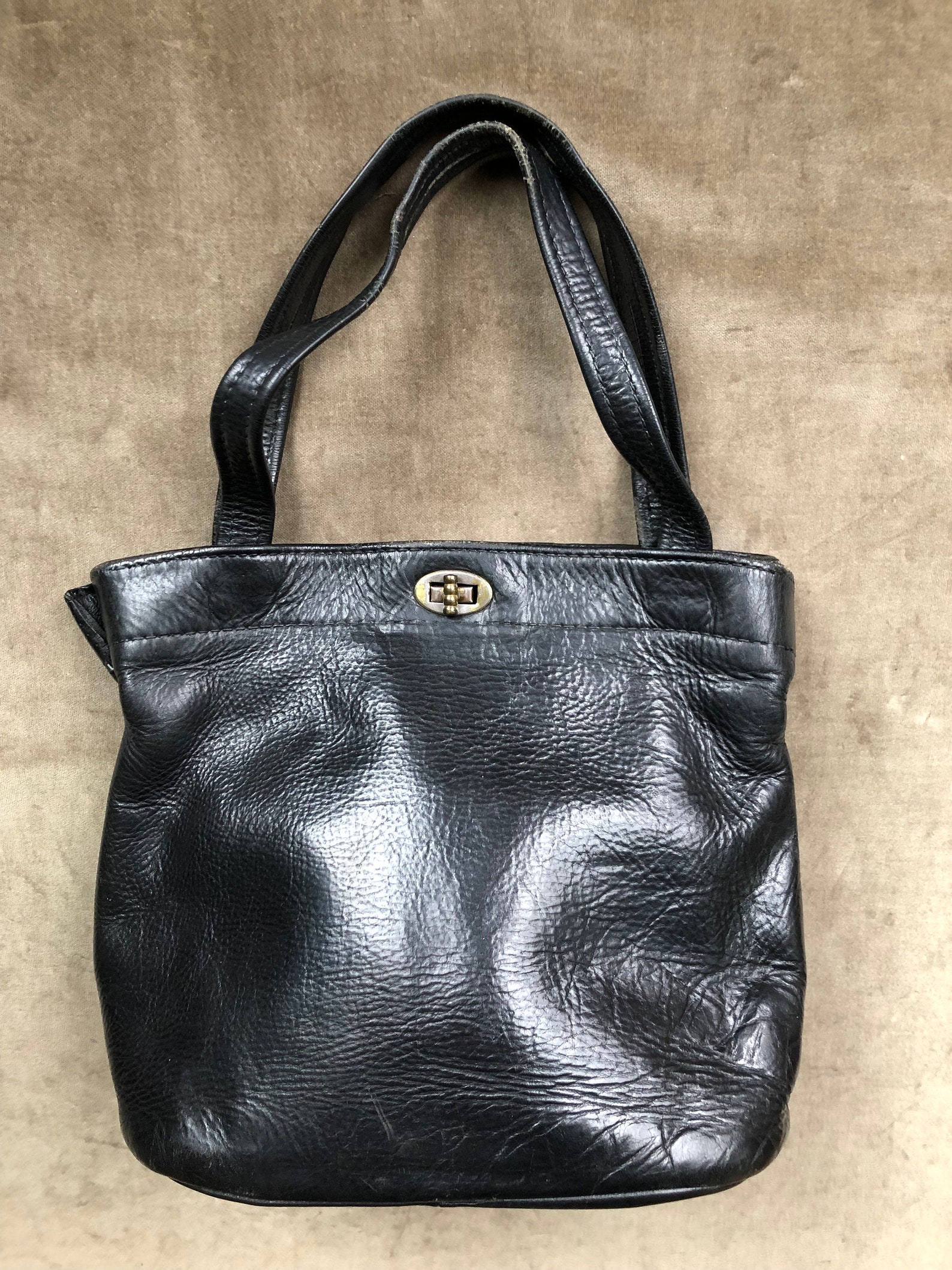 1960s Black Thick Leather Retro Mod Bucket Bag Purse Handbag 60s Mini ...