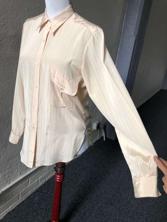 70s 80s Silky Ivory Retro Pin Striped Poly Blouse Shi… - Gem