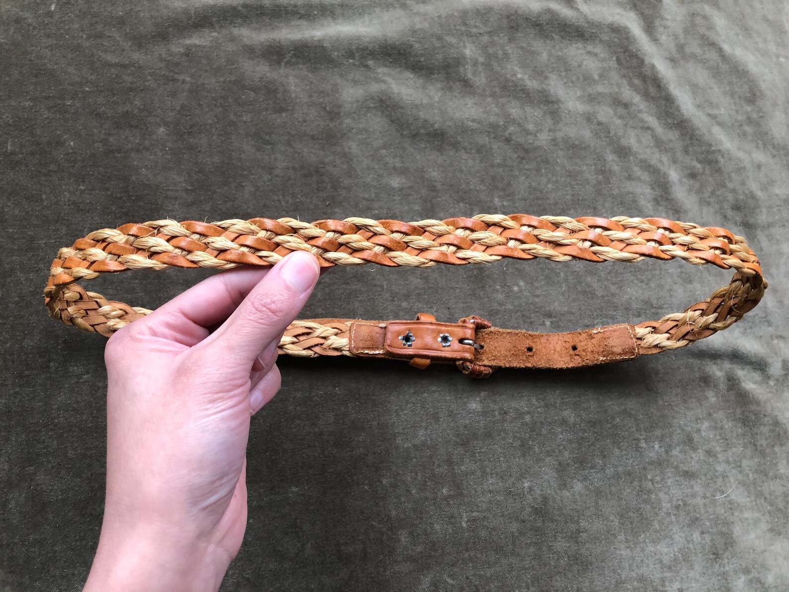 70s 80s Skinny Tan Leather Jute Natural Fiber Rope Woven Belt Vintage ...