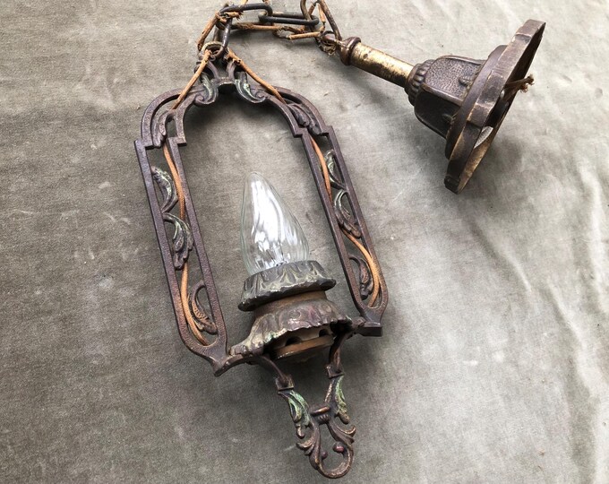 1920s Antique Cast Iron Polychrome Painted Floral Hammered Single Light ...