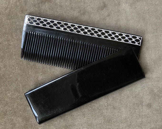 1930s 40s French Art Deco Black Celluloid Bakelite Rhinestone Studded ...