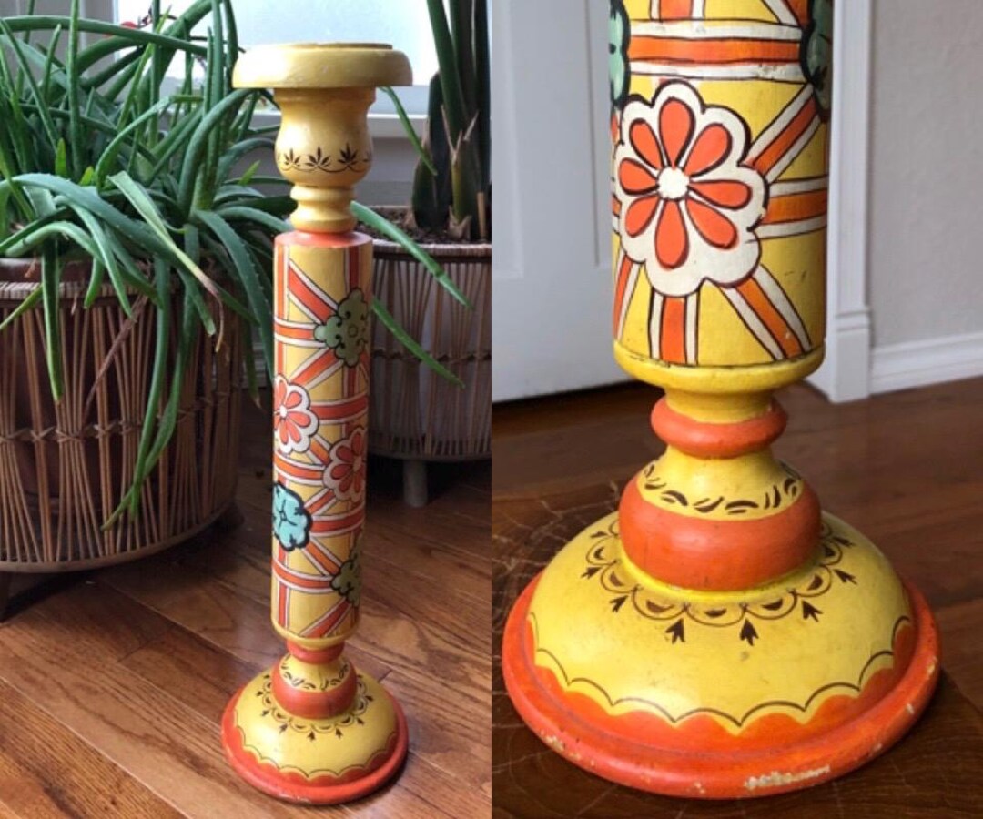 Handmade Wood Turned Tall Pillar Candle Holder Retro Floral Groovy Boho ...