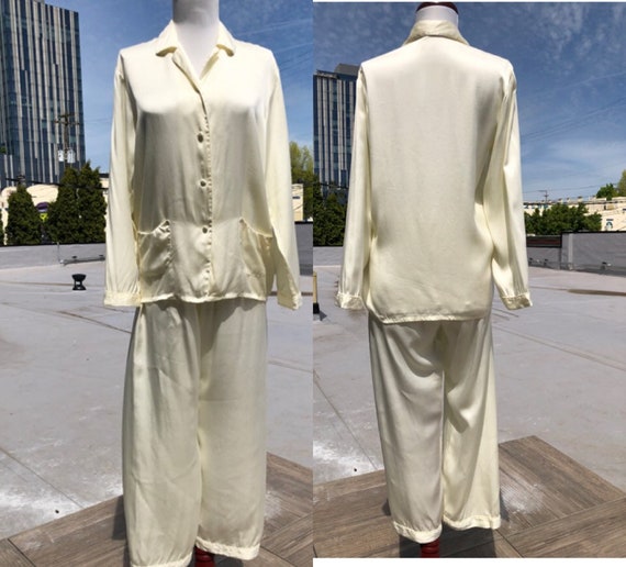 Ivory Pale Yellow Cream Silk Satin Pajama Set Blouse … - Gem