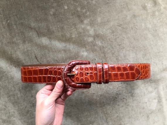 90s Calfskin Leather Croc Embossed Rust Honey Brown F… - Gem