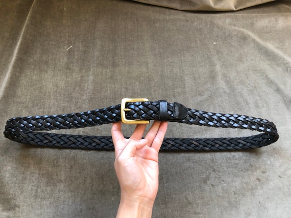 90s Black Leather Woven Braided Belt Adjustable vinta… - Gem