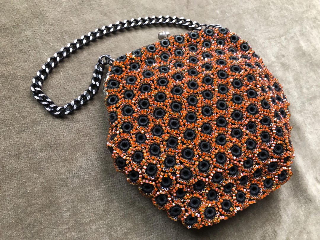 1940s 50s Orange Glass Seed Beaded Black Embroidered Eyelet Round Bag ...