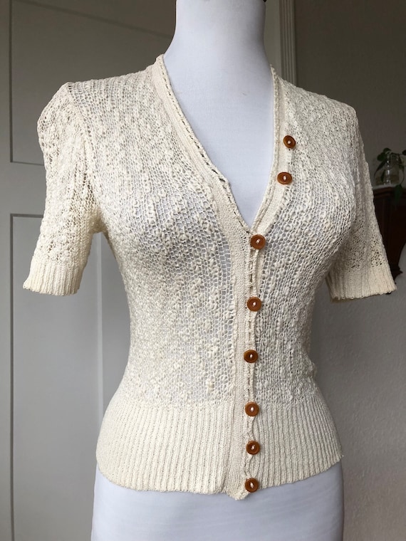 Antique 1930s 40s Nubby Linen Sheer Open Knit Cream I… - Gem
