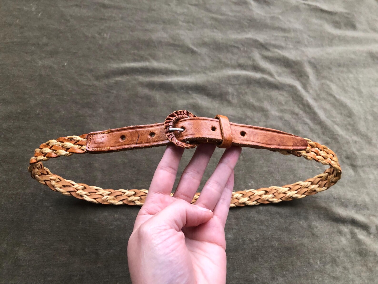 70s 80s Skinny Tan Leather Jute Natural Fiber Rope Woven Belt Vintage ...