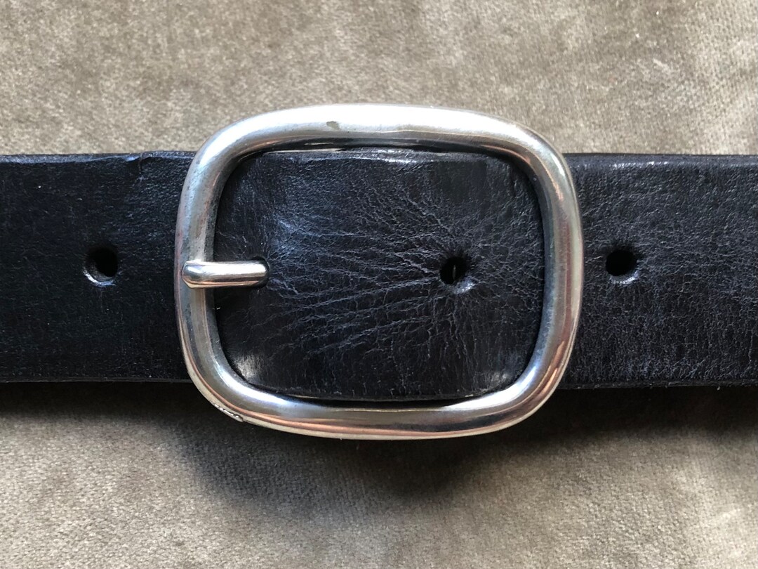 Thick Black Leather Work Belt Heavy Duty Chunky Silver Steel Oval Round ...