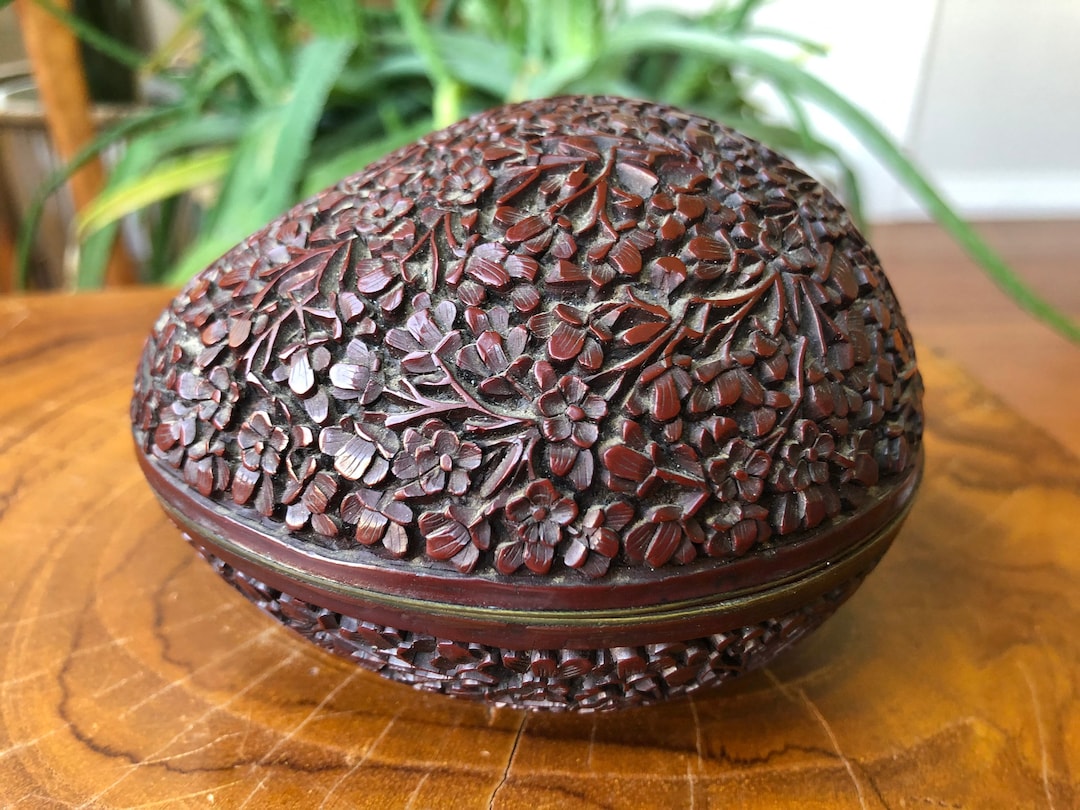 Antique 19th C. Chinese Qing Dynasty Floral Cinnabar Carved Peach Nut ...