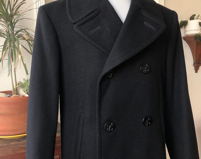 Vintage Mens Black Wool Double Breasted Jacket Naval Peacoat Coat Heavy ...