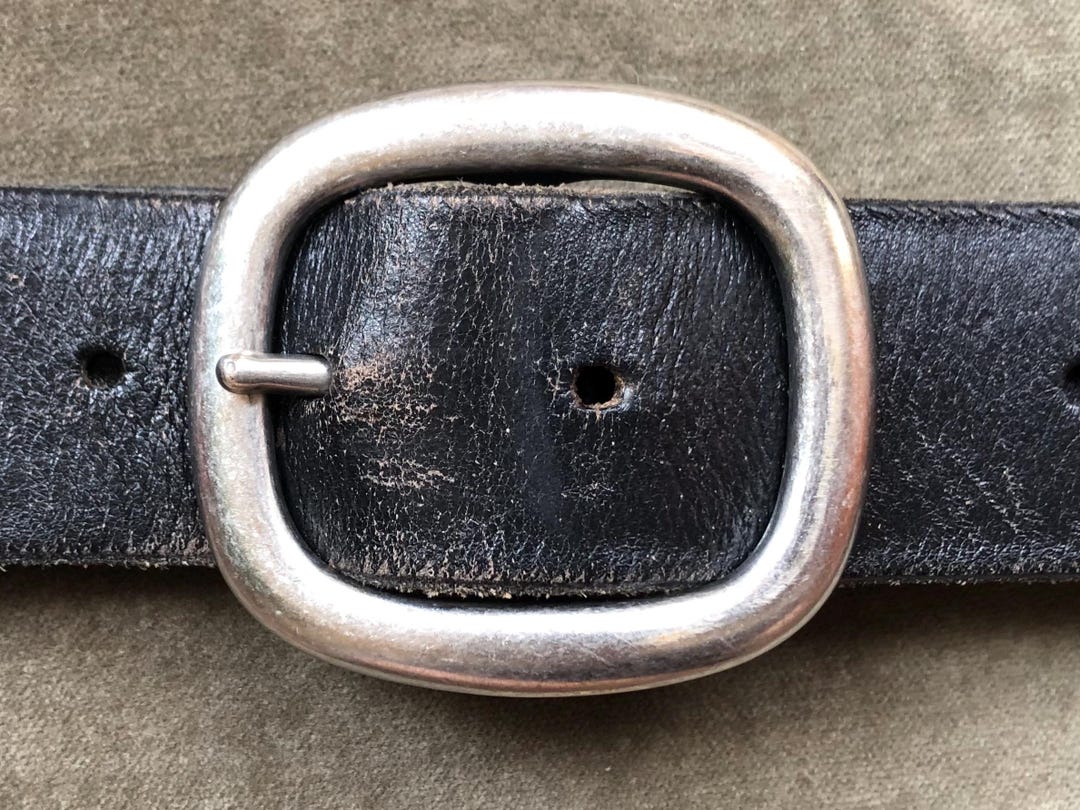 Thick Black Leather Work Belt Heavy Duty Chunky Silver Steel Oval Round ...