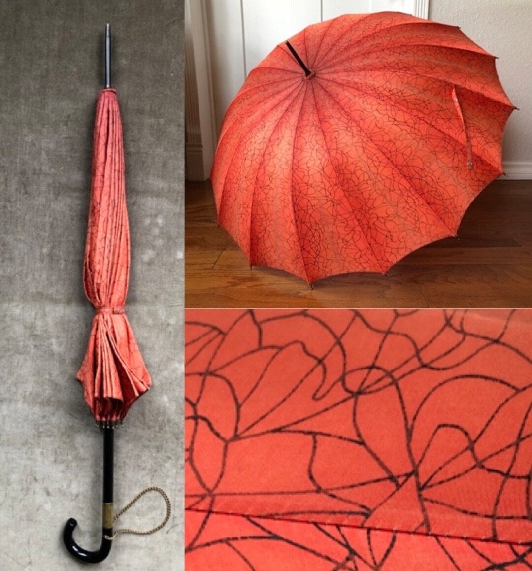 1940s Rayon Fabric Art Deco Eames Cold Print Black Red Coral Parasol ...