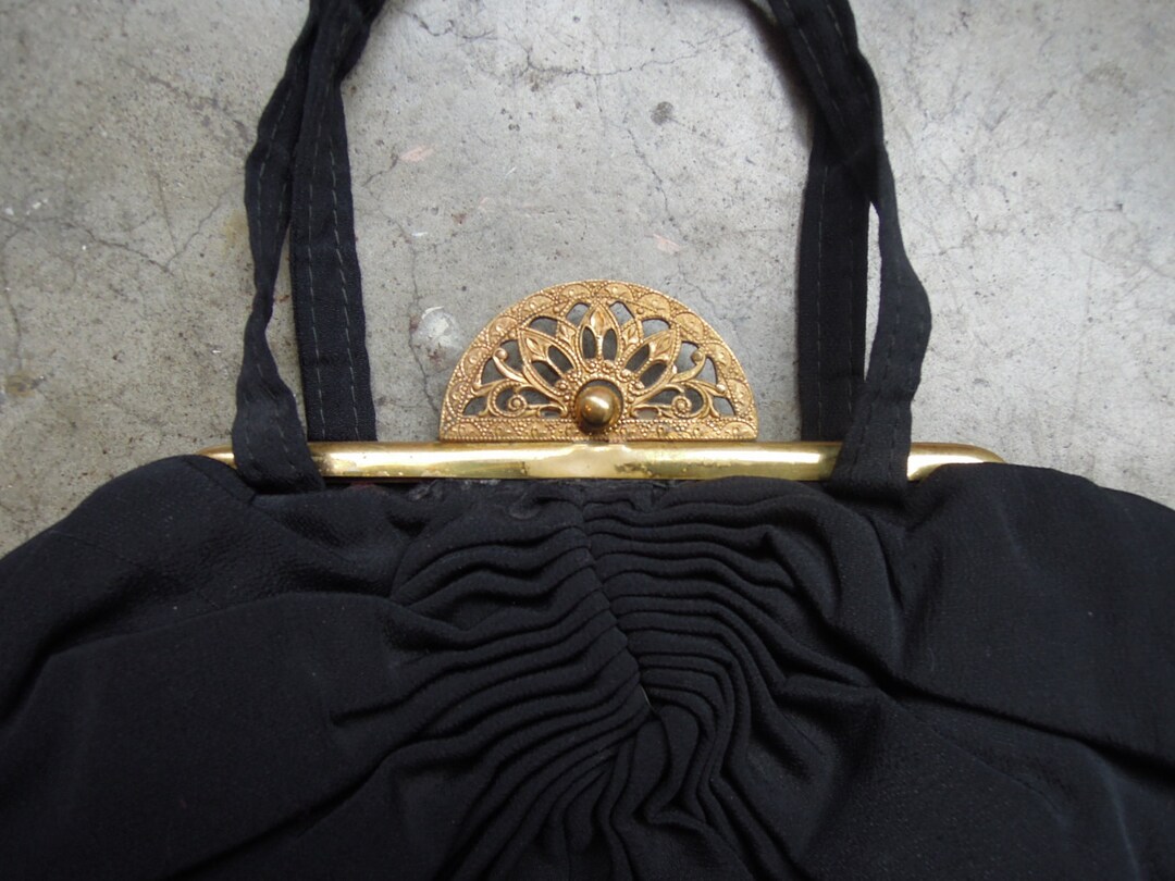 Antique 1930s 40s Black Crepe Fabric Evening Bag With Ornate Art Deco ...