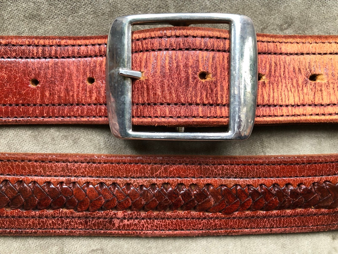 60s 70s Wide Soft Brick Rust Brown Leather Belt Retro Square Steel ...