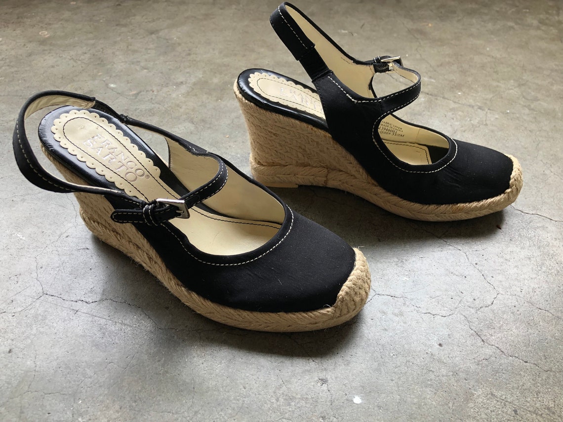 Vtg 90s Black Satin Raffia Hemp Woven Espadrille Wedge | Etsy