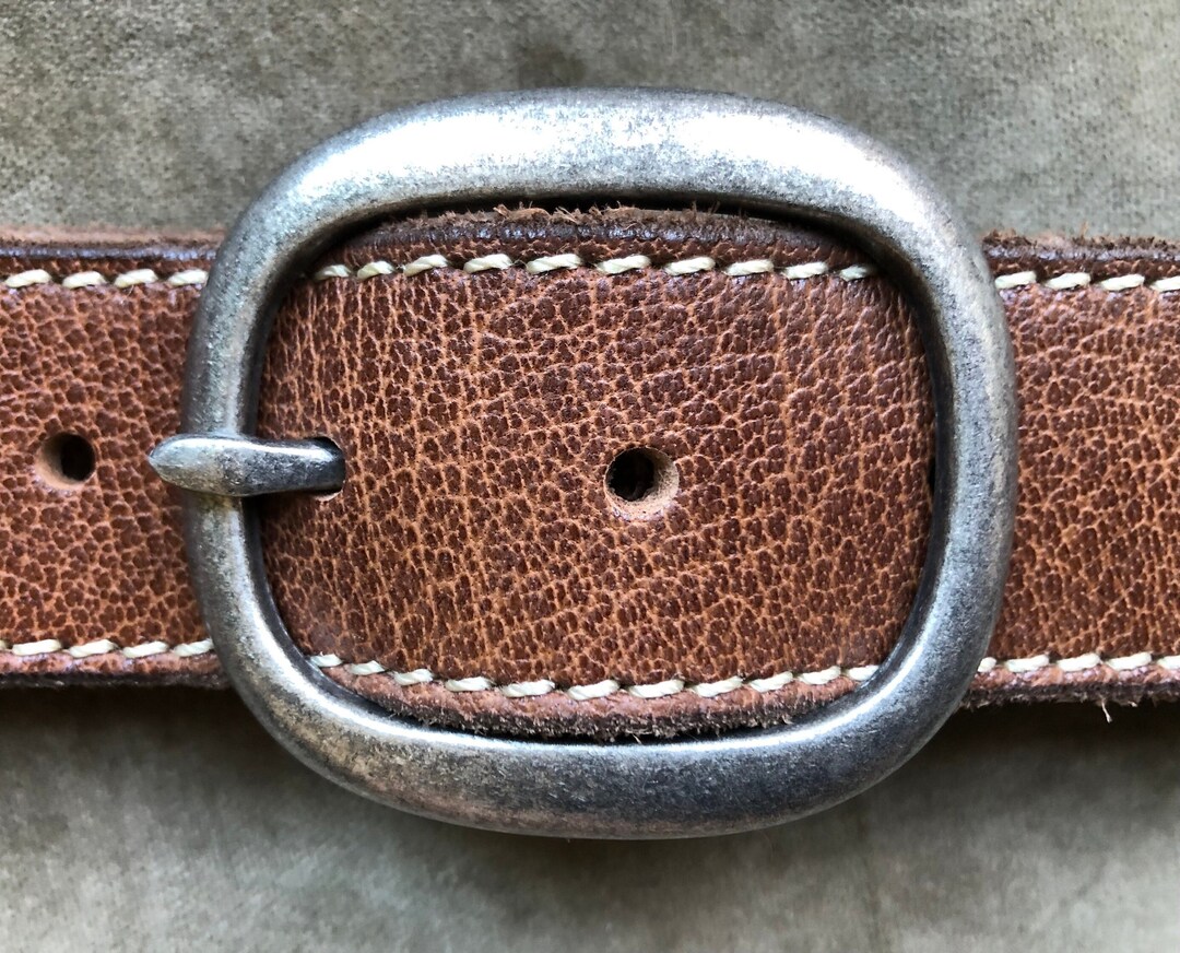 90s Thick Dark Brown Leather Heavy Duty Chunky Silver Steel Oval Buckle ...