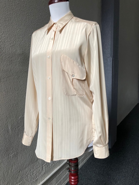 70s 80s Silky Ivory Retro Pin Striped Poly Blouse Shi… - Gem