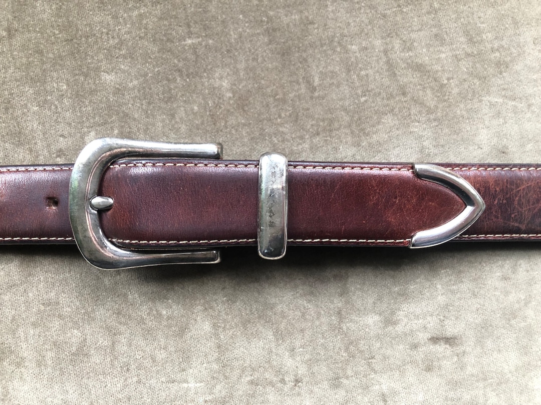 90s Slim Dark Brown Leather Dress Belt Silver Tone Buckle Western ...