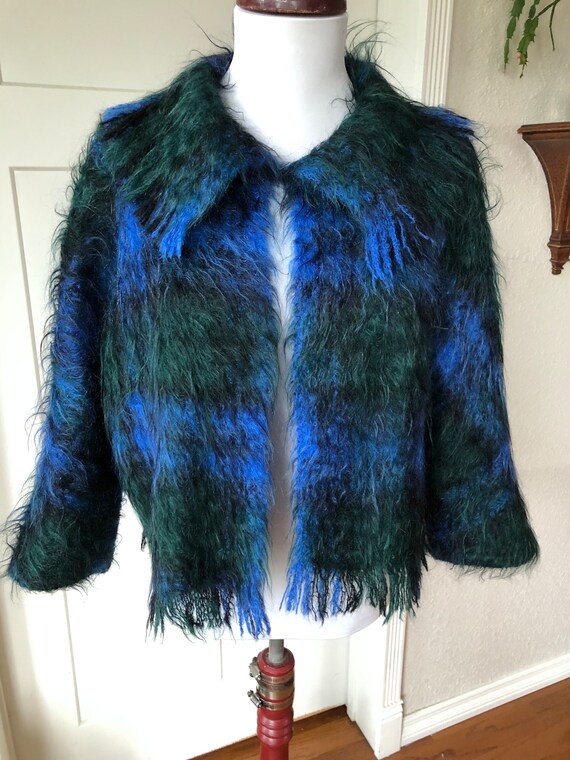 1950s 60s Fuzzy Mohair Hairy Vintage Dark Green Blue … - Gem