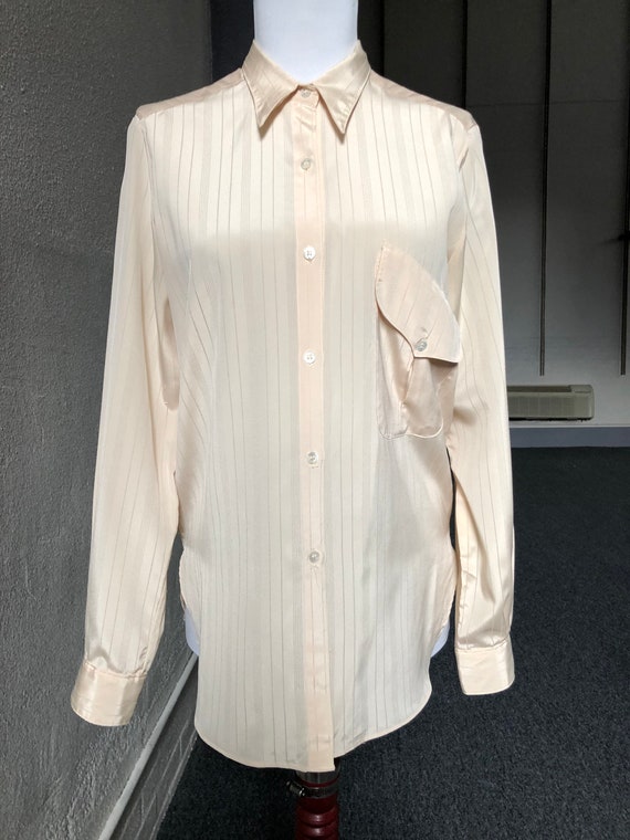 70s 80s Silky Ivory Retro Pin Striped Poly Blouse Shi… - Gem