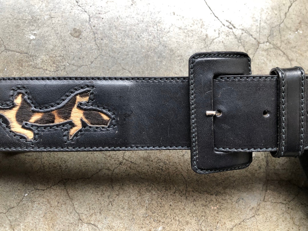 90s negro italiano cuero ancho moda cinturón piel becerro pelo leopardo ...
