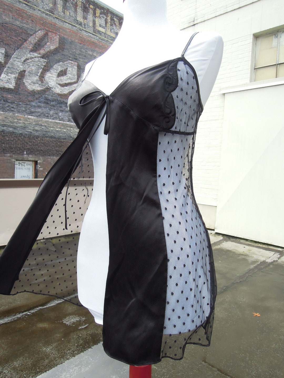 Vintage Silk Satin Sexy Black Swiss Dot Mesh Negligee Teddy - Etsy