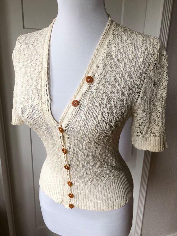 Antique 1930s 40s Nubby Linen Sheer Open Knit Cream I… - Gem
