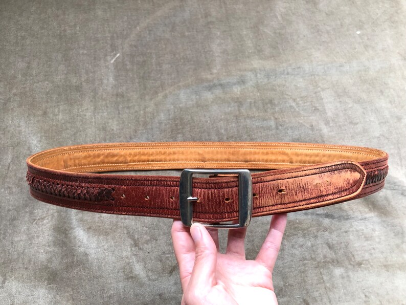 60s 70s Wide Soft Brick Rust Brown Leather Belt Retro Square Steel ...