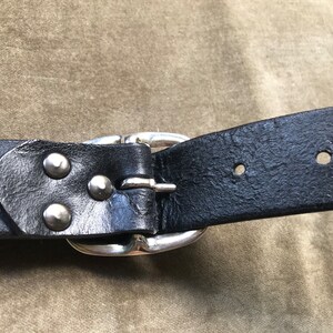 Thick Black Leather Work Belt Heavy Duty Chunky Silver Steel Oval Round ...