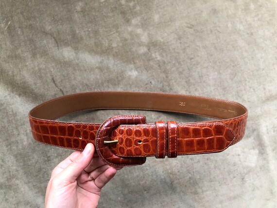 90s Calfskin Leather Croc Embossed Rust Honey Brown F… - Gem