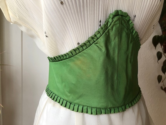 Antique Silk Taffeta Golden Green Ruffled Swiss Waist… - Gem