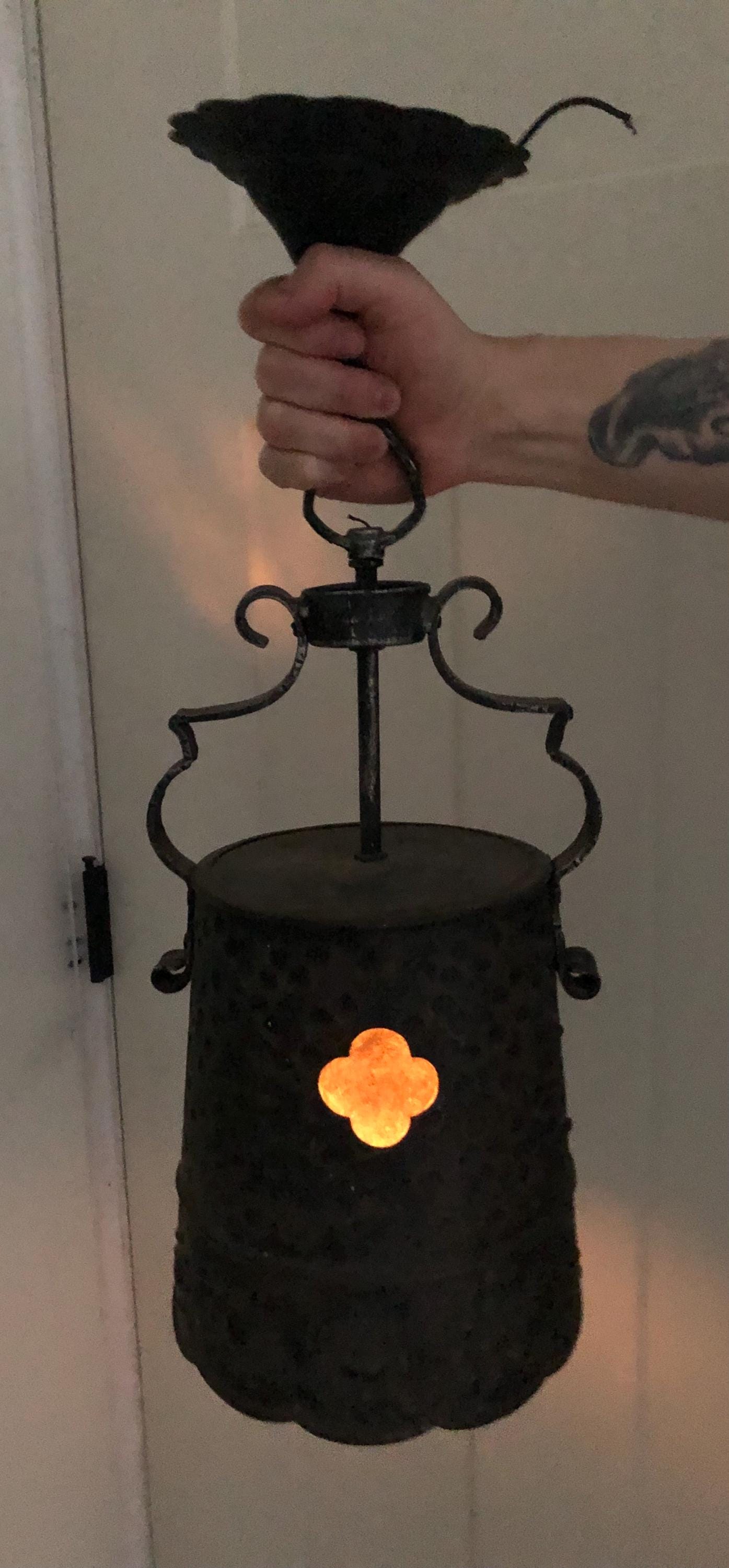 1960s Vintage Gothic Bucket Tudor Amber Glass Lantern Ceiling Pendant ...