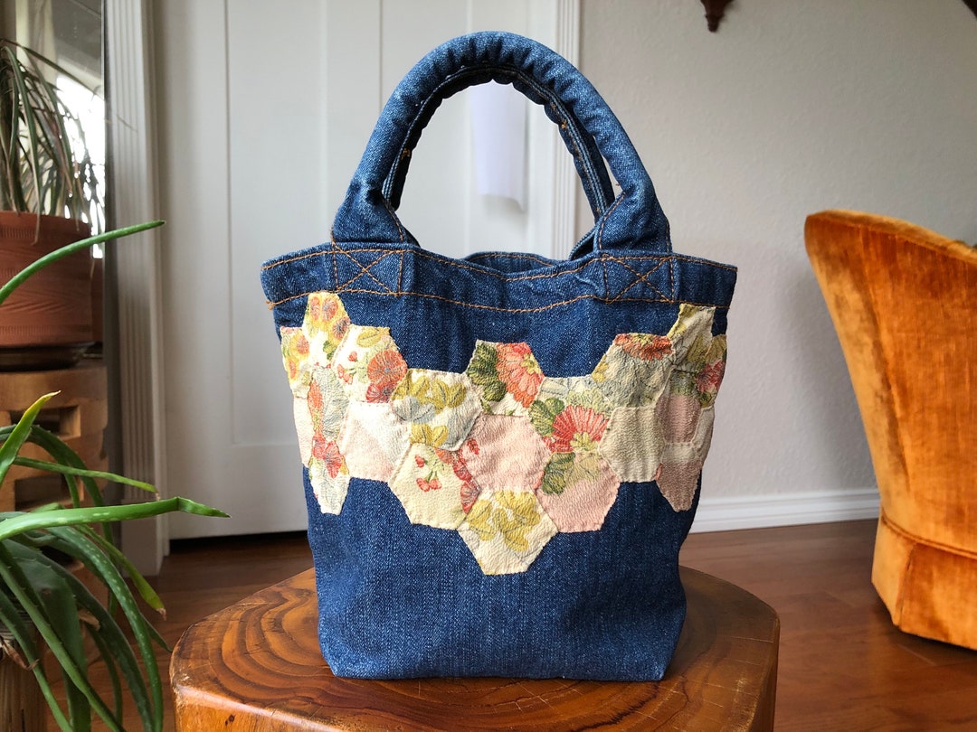 Japanese Mini Denim Cotton Woven Floral Kimono Hex Patchwork Handmade ...