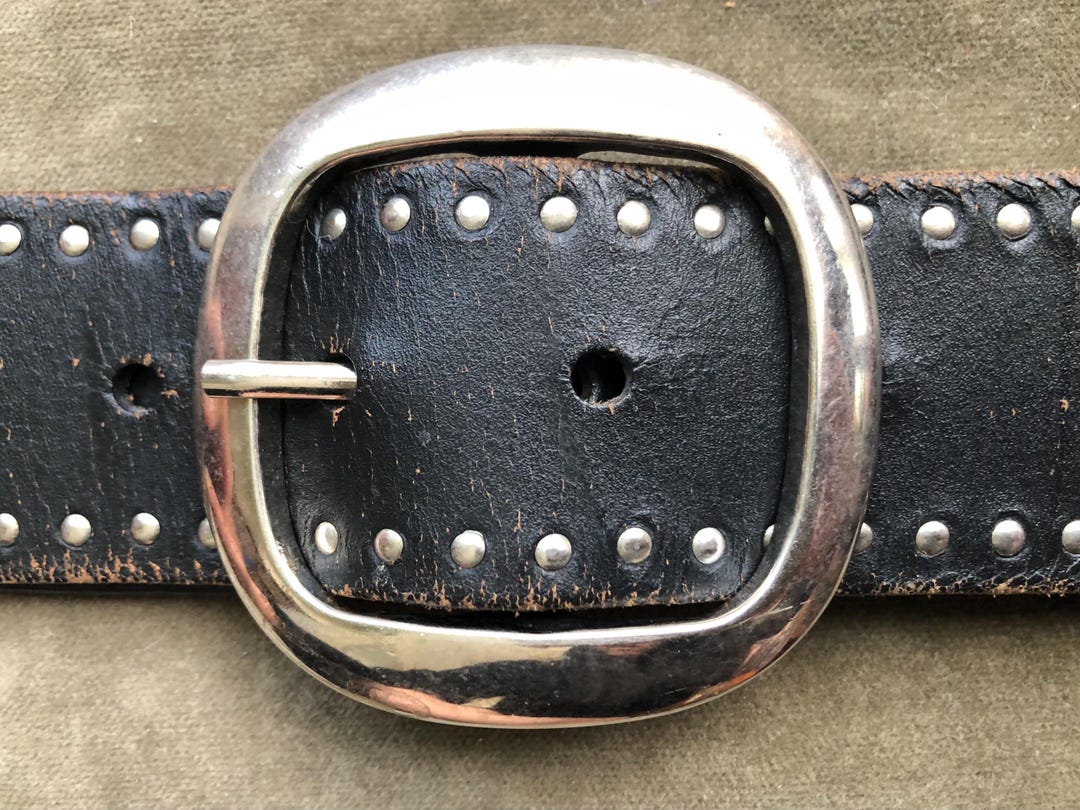 Thick Black Leather Work Belt Heavy Duty Chunky Silver Steel Oval Round ...