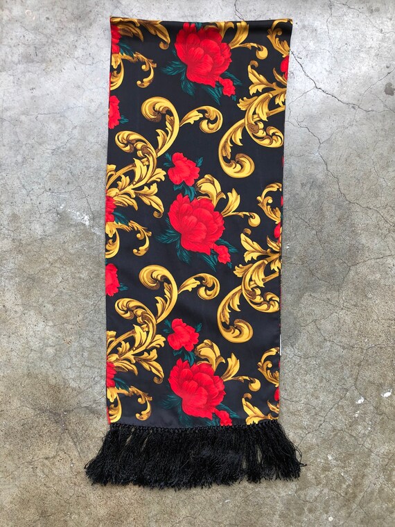 90s Black Silk Twill Long Neck Scarf Shawl 1990s Vint… - Gem