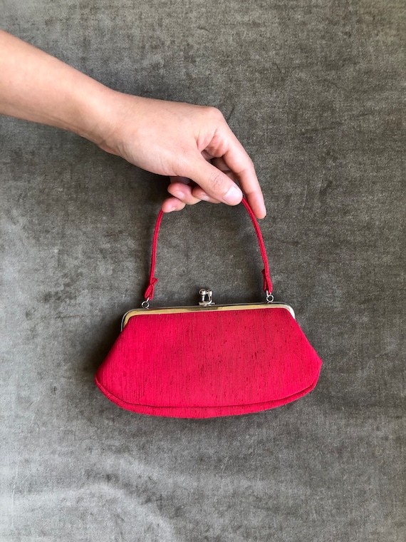 1960s 70s Micro Mini Red Slub Woven Fabric Handbag Ba… - Gem