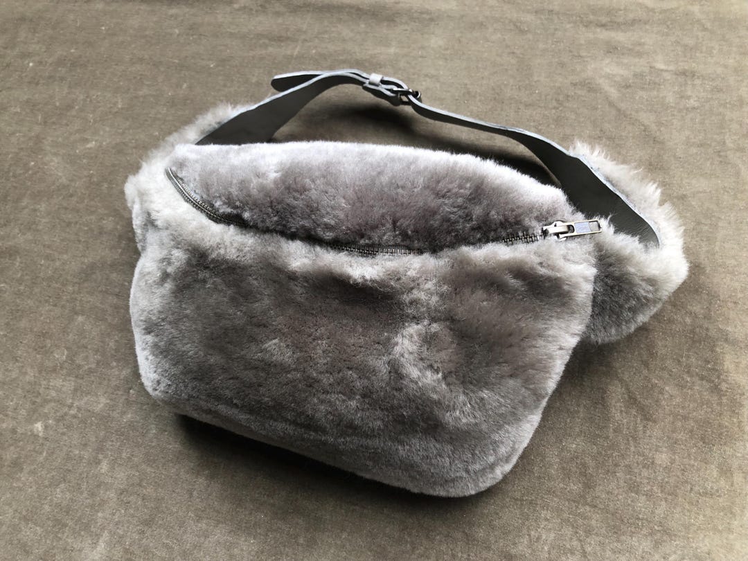 Genuine Shearling Sheepskin Gray Fur Leather Fanny Pack Belt Bum Bag ...