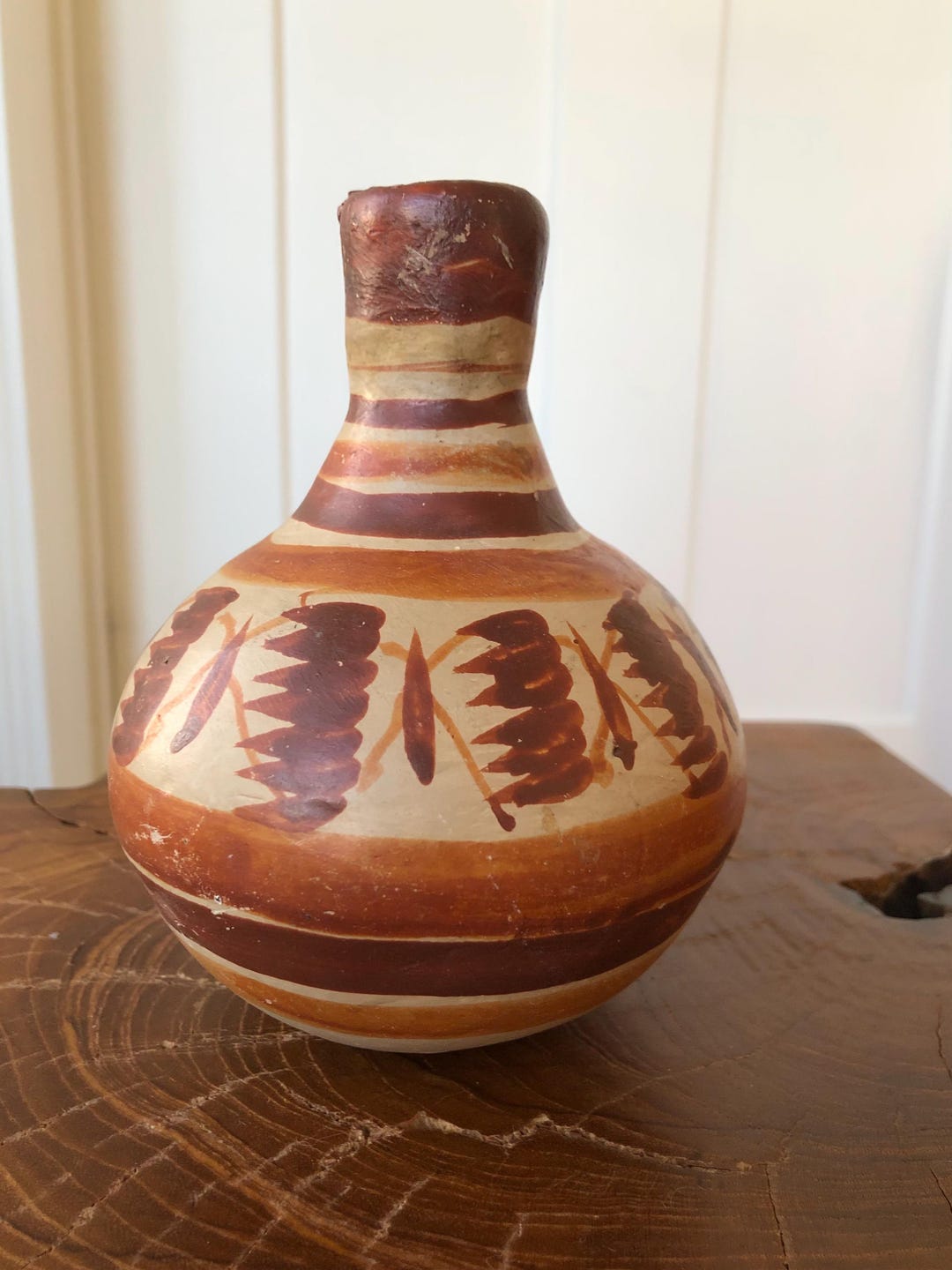 Mexican Folk Art Clay Pottery Brown Painted Small Round Bud Vase Water ...