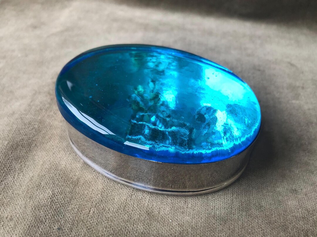 Italy Murano Glass Turquoise Clear Blue Small Oval Silver Plated Lidded ...