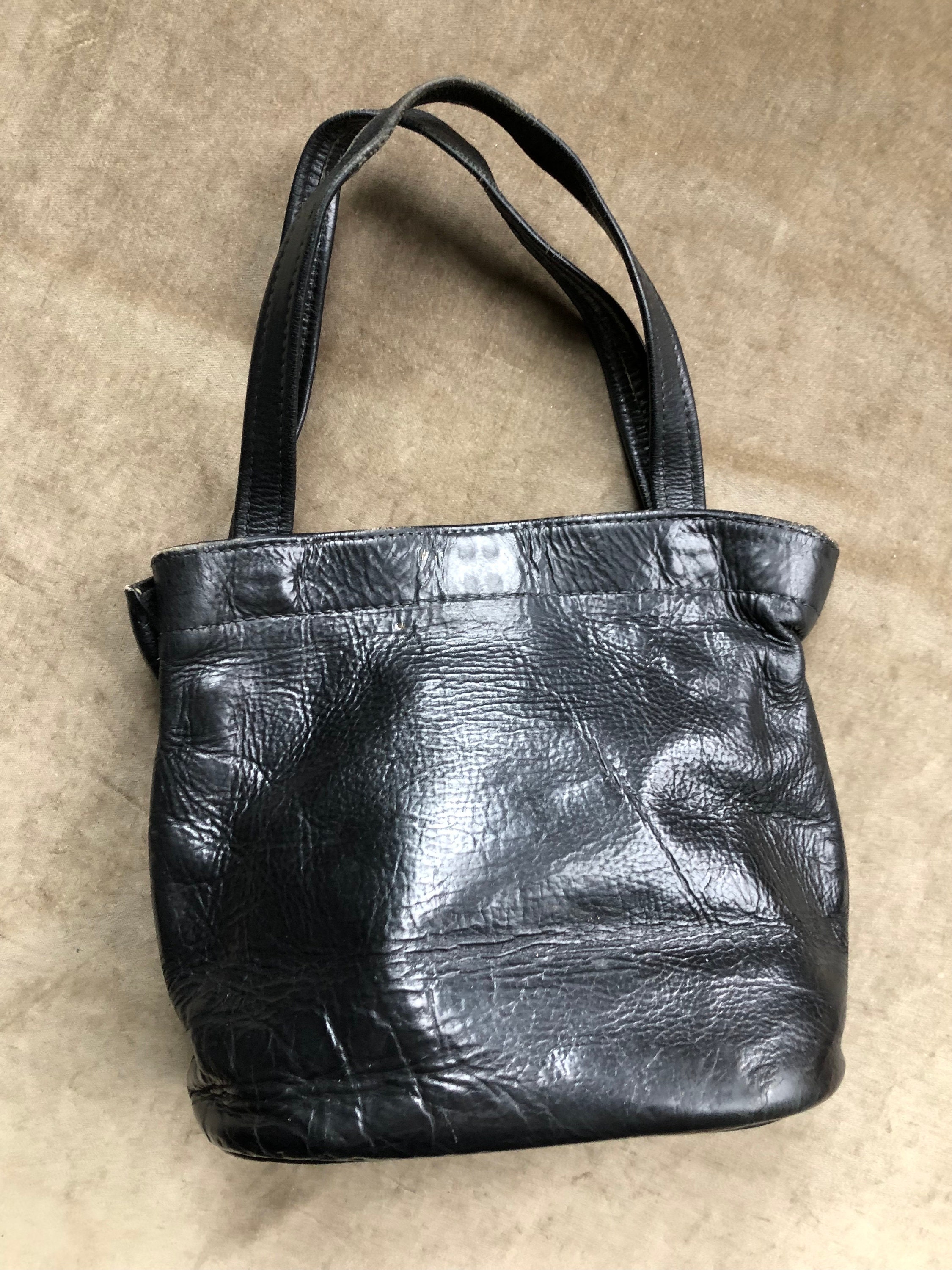 1960s Black Thick Leather Retro Mod Bucket Bag Purse Handbag 60s Mini ...