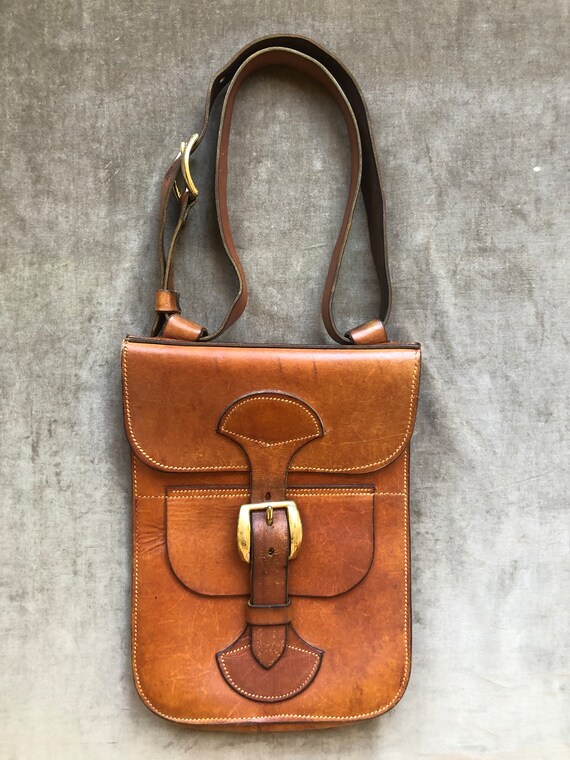 1960s 70s Thick Tan Leather Postman Satchel Shoulder … - Gem