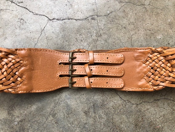 90s Betsey Johnson Brown Leather Woven Wide Kidney Be… - Gem