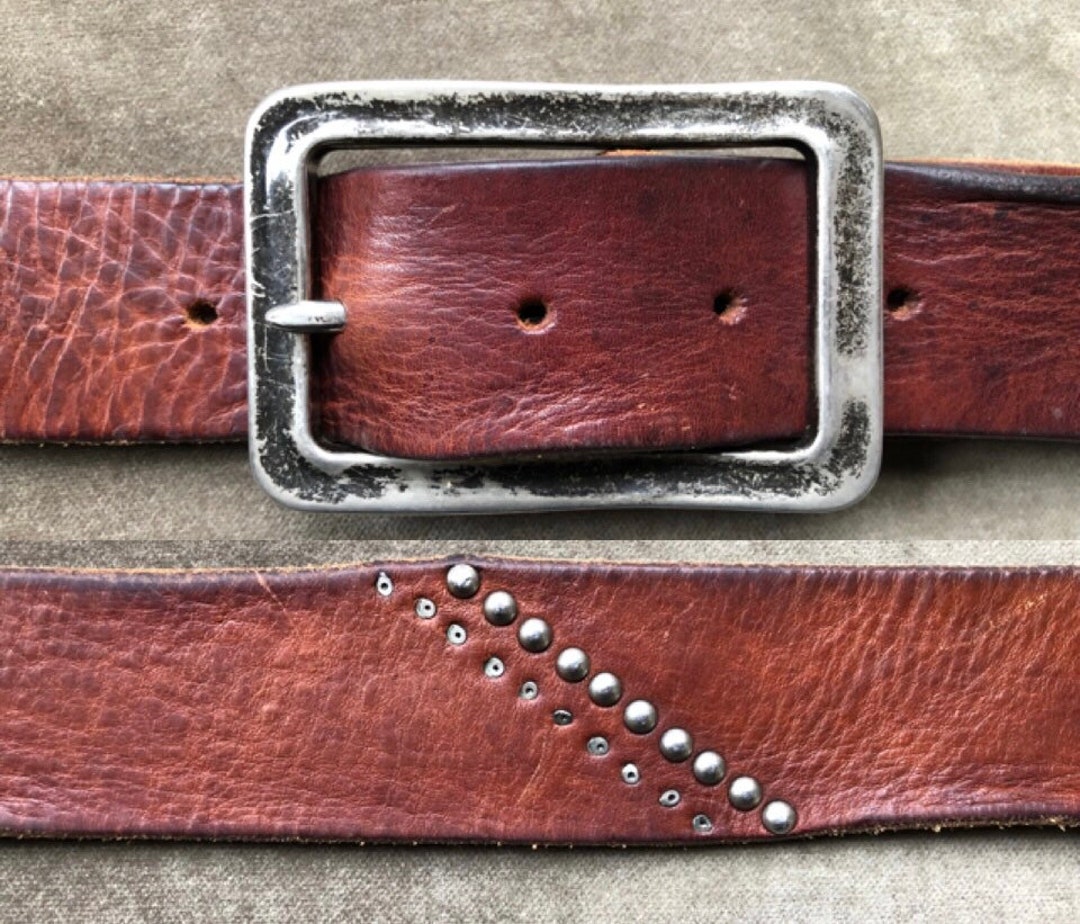Distressed Heavy Duty Brown Leather Steel Studded Belt 1990s 90s Size ...