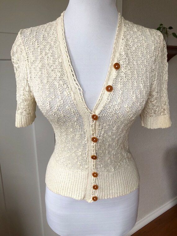 Antique 1930s 40s Nubby Linen Sheer Open Knit Cream I… - Gem