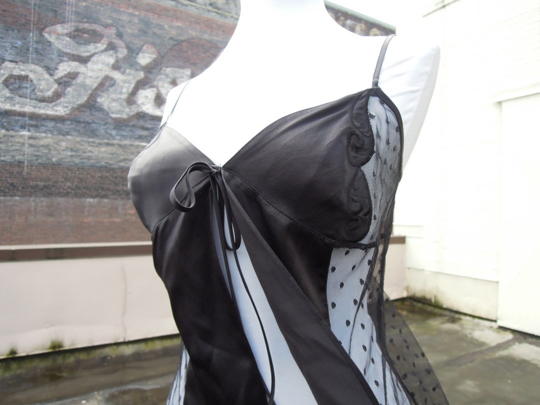 Vintage Silk Satin Sexy Black Swiss Dot Mesh Negligee Teddy Slip Sheer ...