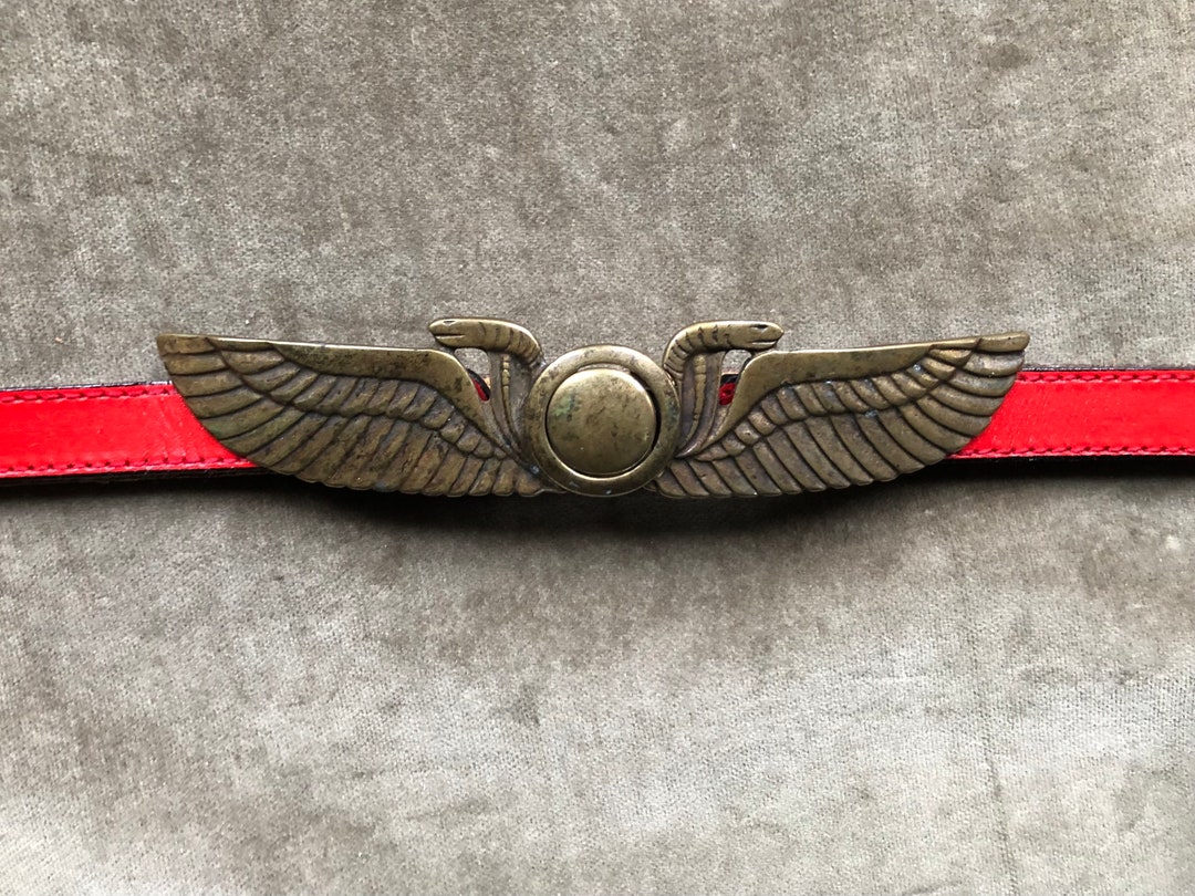 70s 80s Egyptian Brass Buckle Red Leather Skinny Retro Belt Size XS S ...