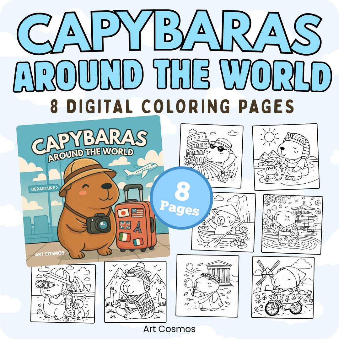 Capybaras Around the World Coloring Book – 8 Coloring Pages + 1 Bonus ...